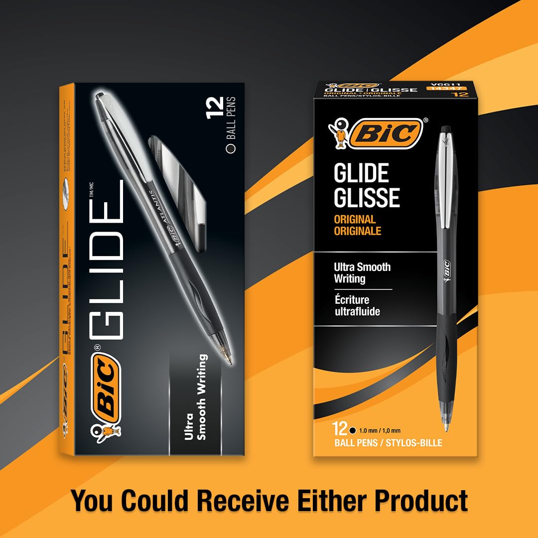 BIC Glide Retractable Ball Pens, Medium Point (1.0 mm), Black, Comfortable Rubber Grip For Writing, 12-Count Pack (VCG11-BLK)