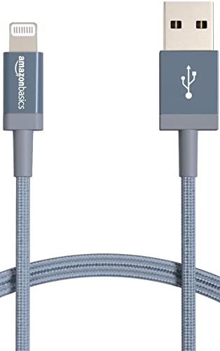 Amazon Basics Nylon USB-A to Lightning Cable Cord, MFi Certified Charger for Apple iPhone 14 13 12 11 X Xs Pro, Pro Max, Plus, iPad, Dark Gray, 3-Ft