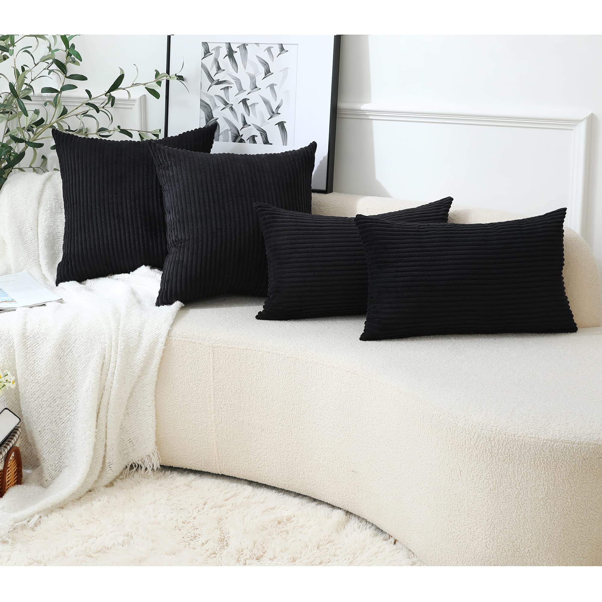 Stellhome Pack of 2, Corduroy Soft Decorative Square Throw Pillow Cover Accent Striped Cushion Covers Pillowcase, Home Decor Decorations for Sofa Couch Bed Chair, 18x18 Inch/45x45 cm, Black