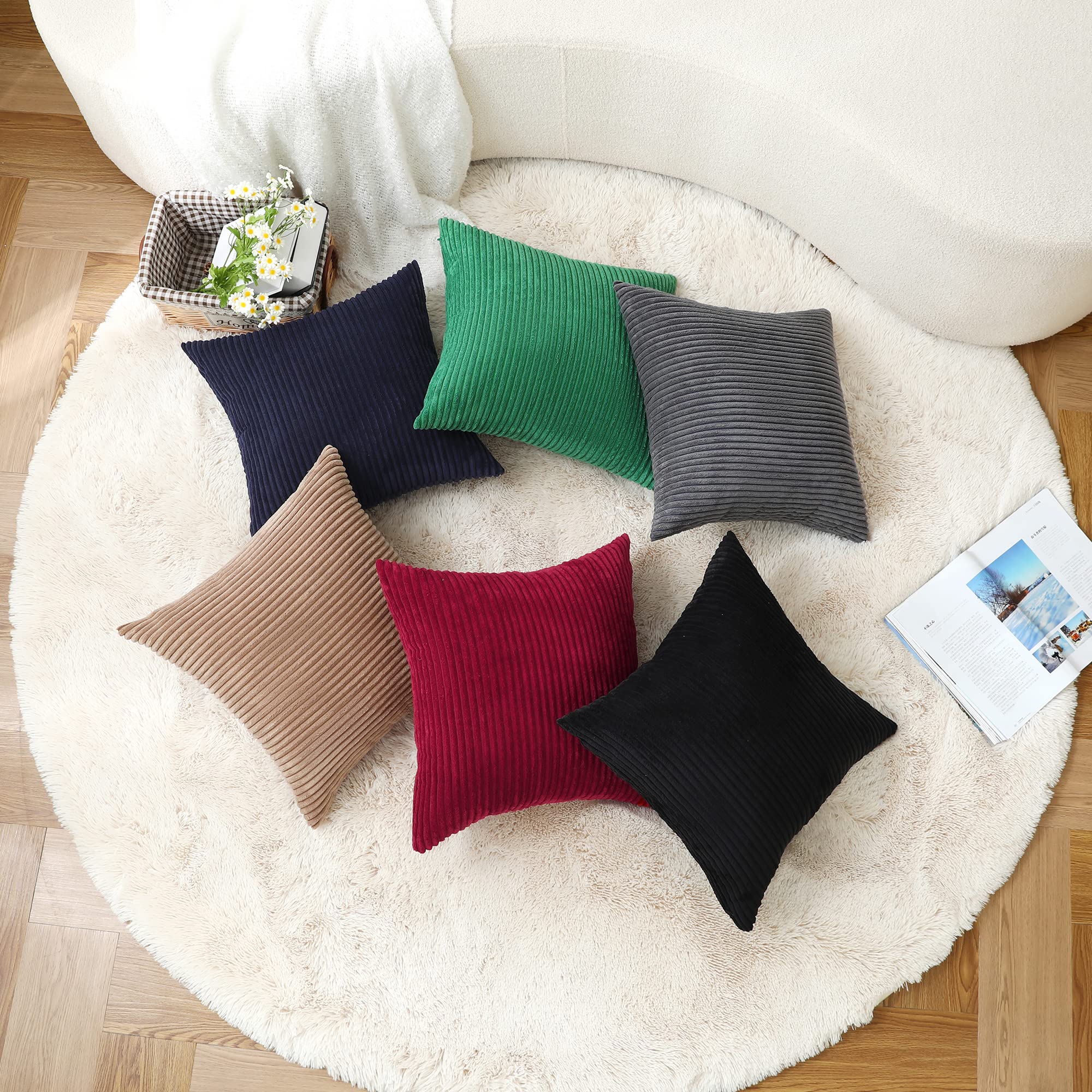 Stellhome Pack of 2, Corduroy Soft Decorative Square Throw Pillow Cover Accent Striped Cushion Covers Pillowcase, Home Decor Decorations for Sofa Couch Bed Chair, 18x18 Inch/45x45 cm, Black