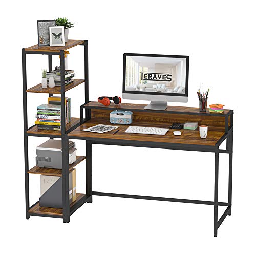 Teraves Computer Desk with 5 Tier Shelves,Reversible Writing Desk with Storage 41 Inch Study Table for Home Office Independent Bookcase and Desk for Multiple Scenes (Desk+Shelves(41in), Teak)