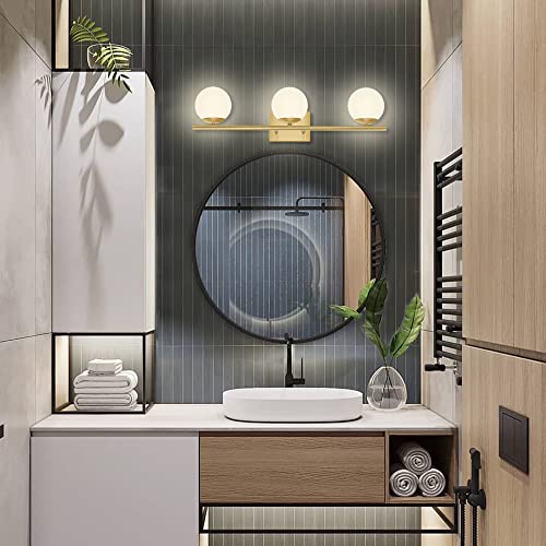 YHTlaeh New Bathroom Vanity Light 3 Lights Fixtures Brushed Brass Milk White Globe Glass Shade Modern Wall Bar Sconce Over Mirror (Exclude G9 Bulb)