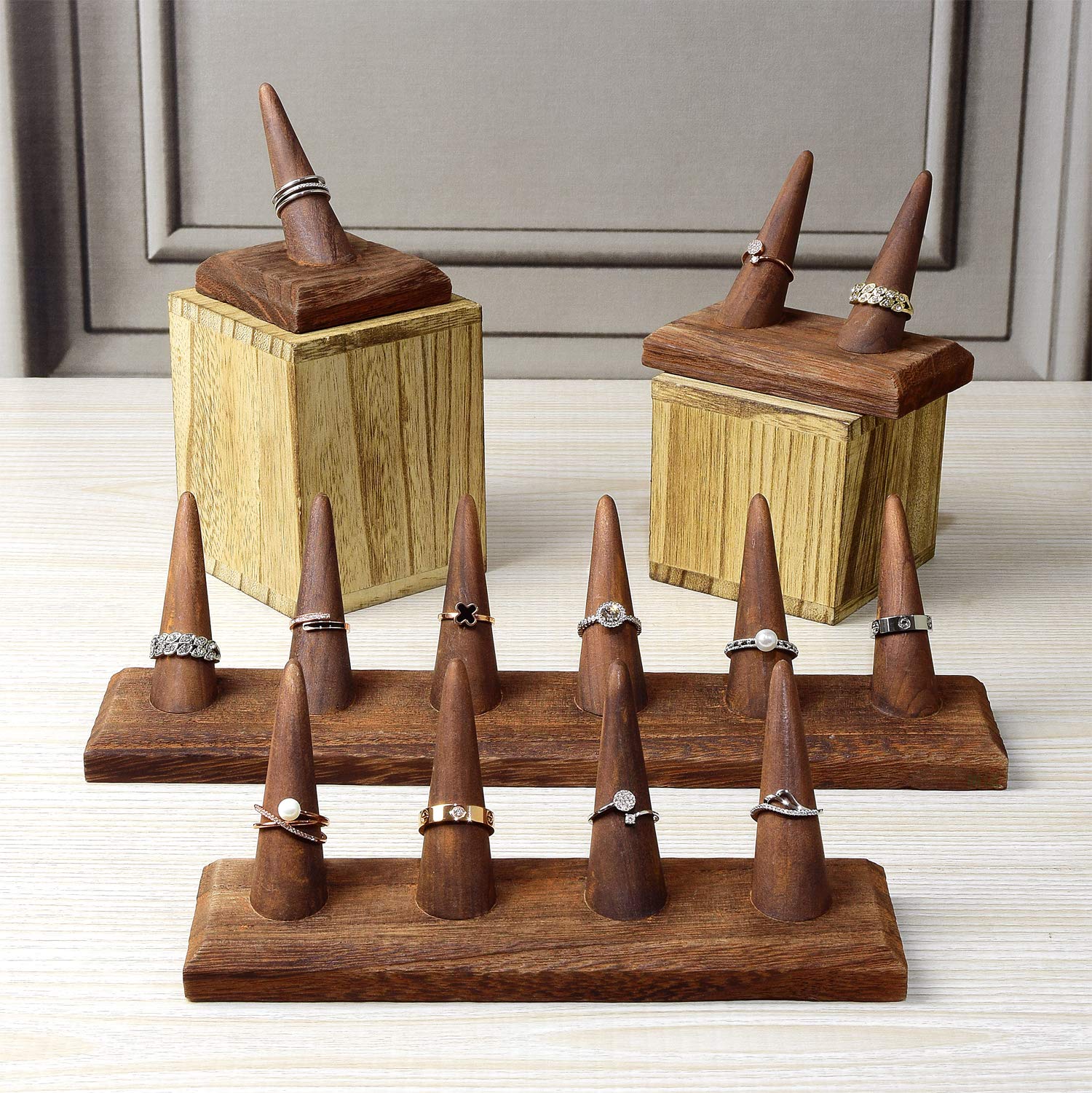 MOOCA 4-Piece Ring Display Stand Set -Jewelry Holder, Finger Ring Showcase Organizer, Brown Color