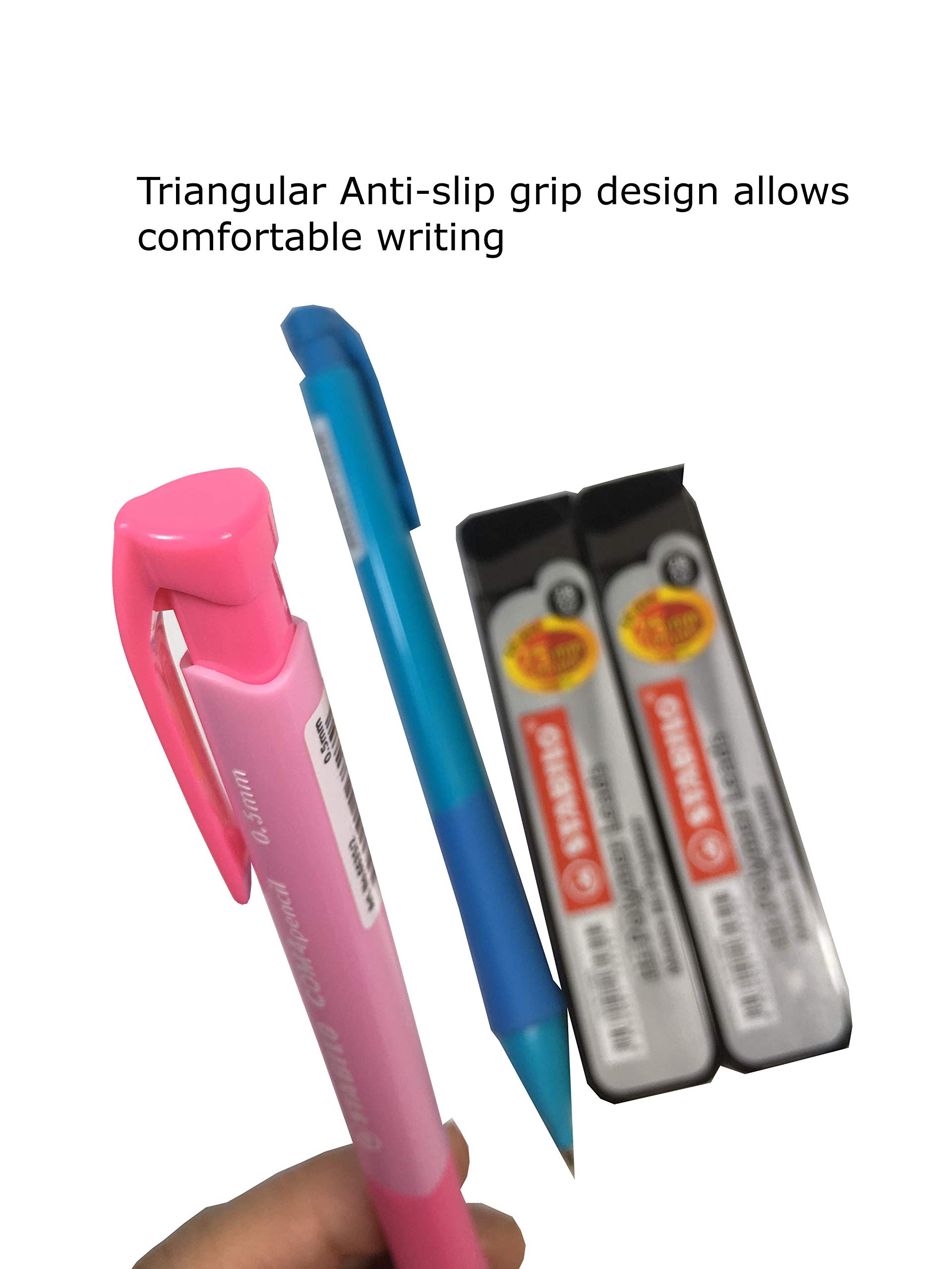 Stabilo 0.5mm Com4 Mechanical Pencil Set Triangular Anti-Slip Grip Design (2 Packs - 1 Blue and 1 Pink) + Stabilo 0.5mm 2B Hi-Polymer Lead Refills (2 Tubes - 24 Leads each Tube)