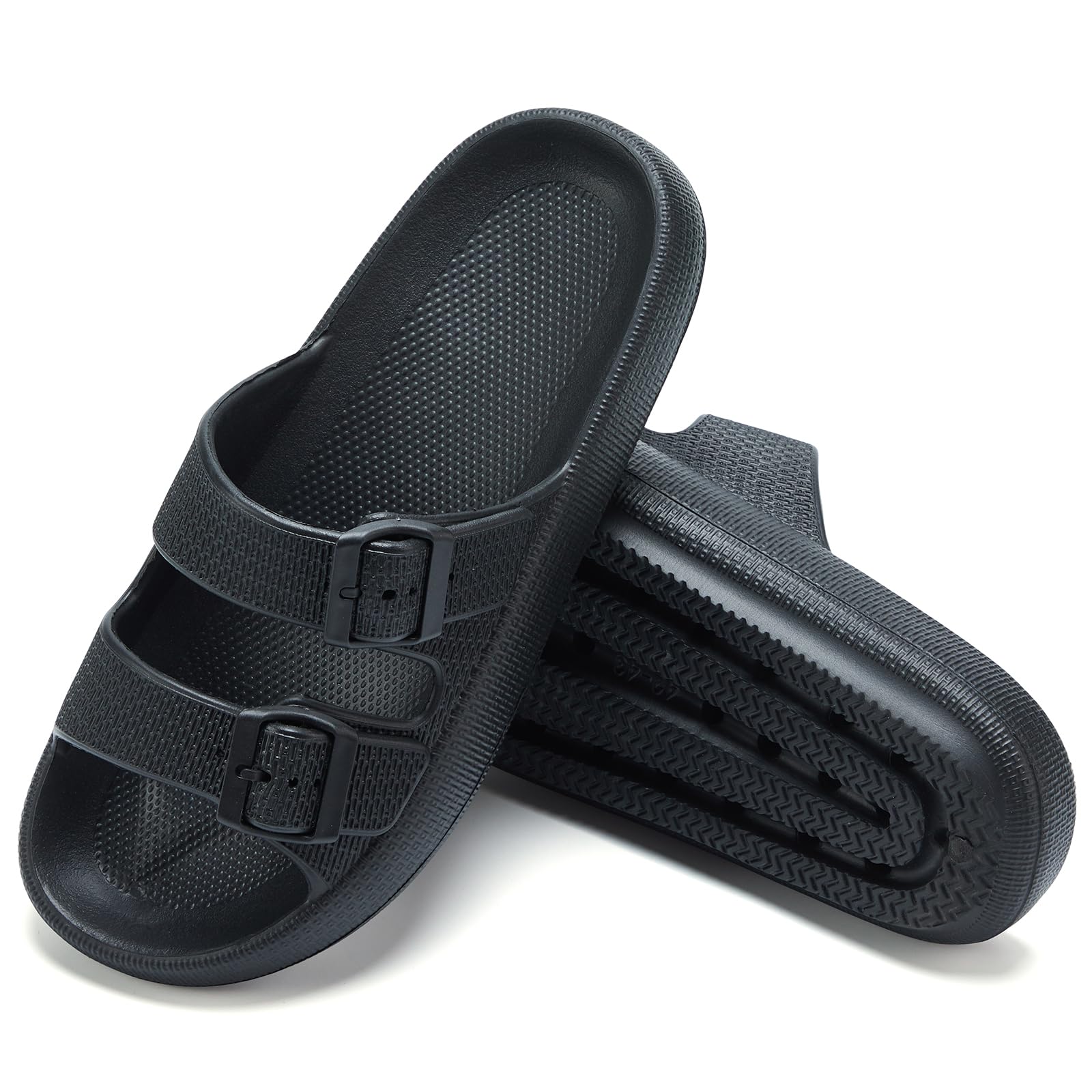 welltree Slides for Women Men Pillow Slippers Double Buckle Adjustable Sandals EVA Recovery Slides,Black,12 Women/10 Men