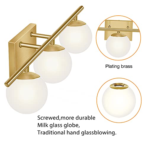YHTlaeh New Bathroom Vanity Light 3 Lights Fixtures Brushed Brass Milk White Globe Glass Shade Modern Wall Bar Sconce Over Mirror (Exclude G9 Bulb)