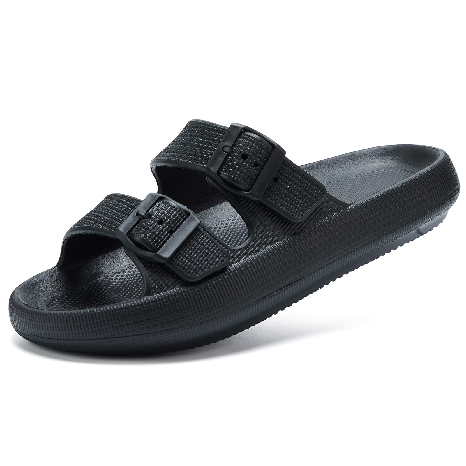 welltree Slides for Women Men Pillow Slippers Double Buckle Adjustable Sandals EVA Recovery Slides,Black,12 Women/10 Men