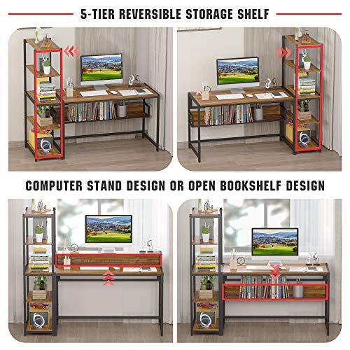 Teraves Computer Desk with 5 Tier Shelves,Reversible Writing Desk with Storage 41 Inch Study Table for Home Office Independent Bookcase and Desk for Multiple Scenes (Desk+Shelves(41in), Teak)