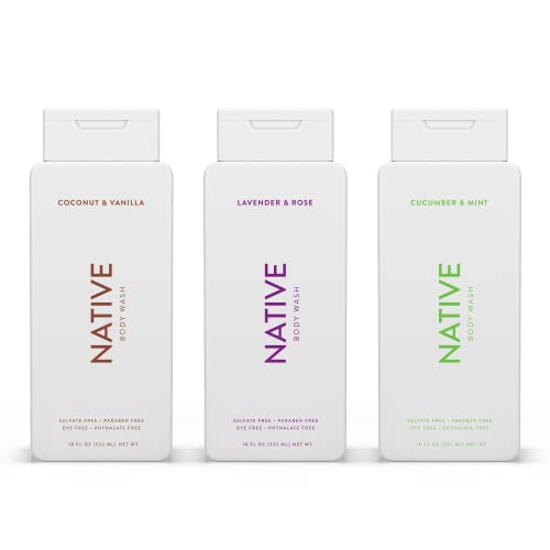Native Body Wash Natural Body Wash for Women, Men | Sulfate Free, Paraben Free, Dye Free, with Naturally Derived Clean Ingredients Leaving Skin Soft and Hydrating, Coconut & Vanilla, Lavender & Rose, Cucumber & Mint 18 oz - Pack of 3