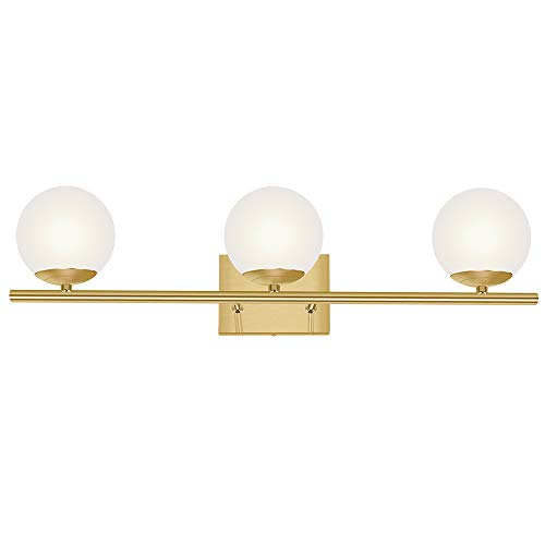 YHTlaeh New Bathroom Vanity Light 3 Lights Fixtures Brushed Brass Milk White Globe Glass Shade Modern Wall Bar Sconce Over Mirror (Exclude G9 Bulb)