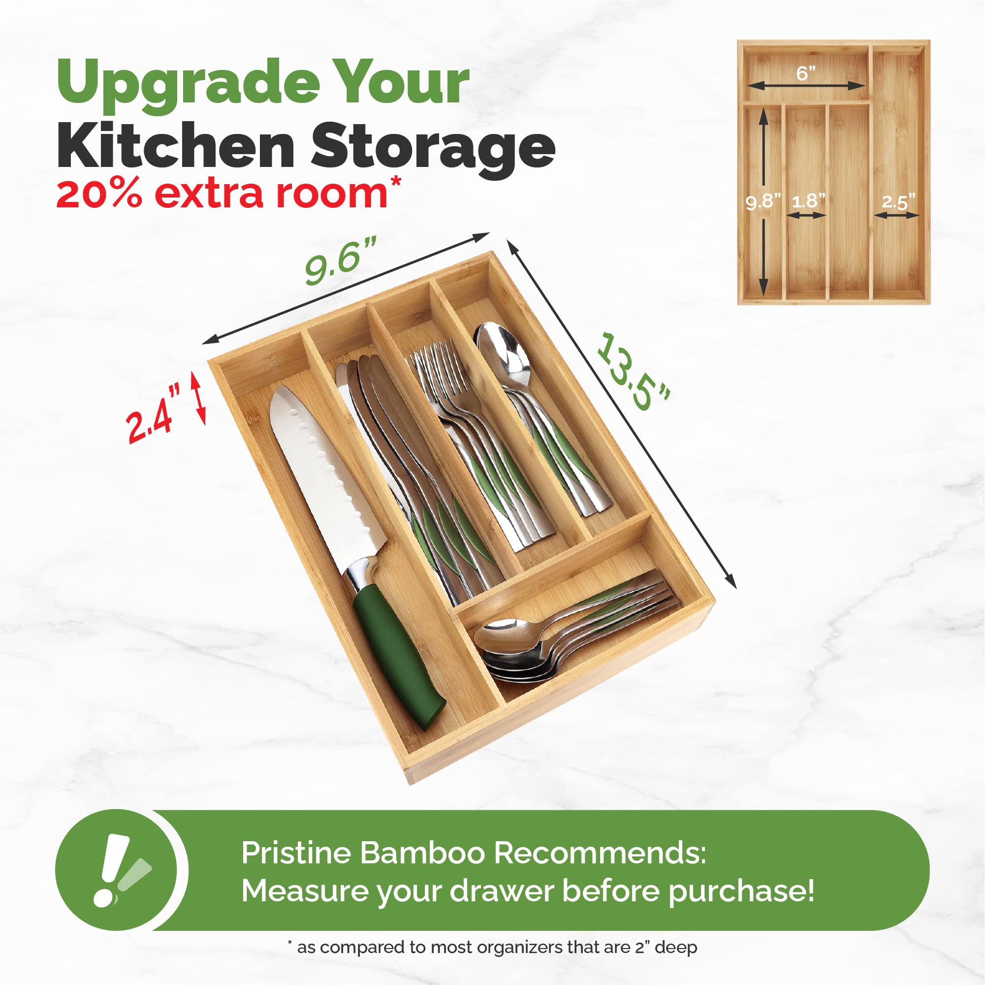 Pristine Bamboo Silverware Organizer– Utensil Organizer for Kitchen Drawers – Small Extra-Deep Wooden Kitchen Drawer Organizer Divider for Spoons Forks Knives cutleries