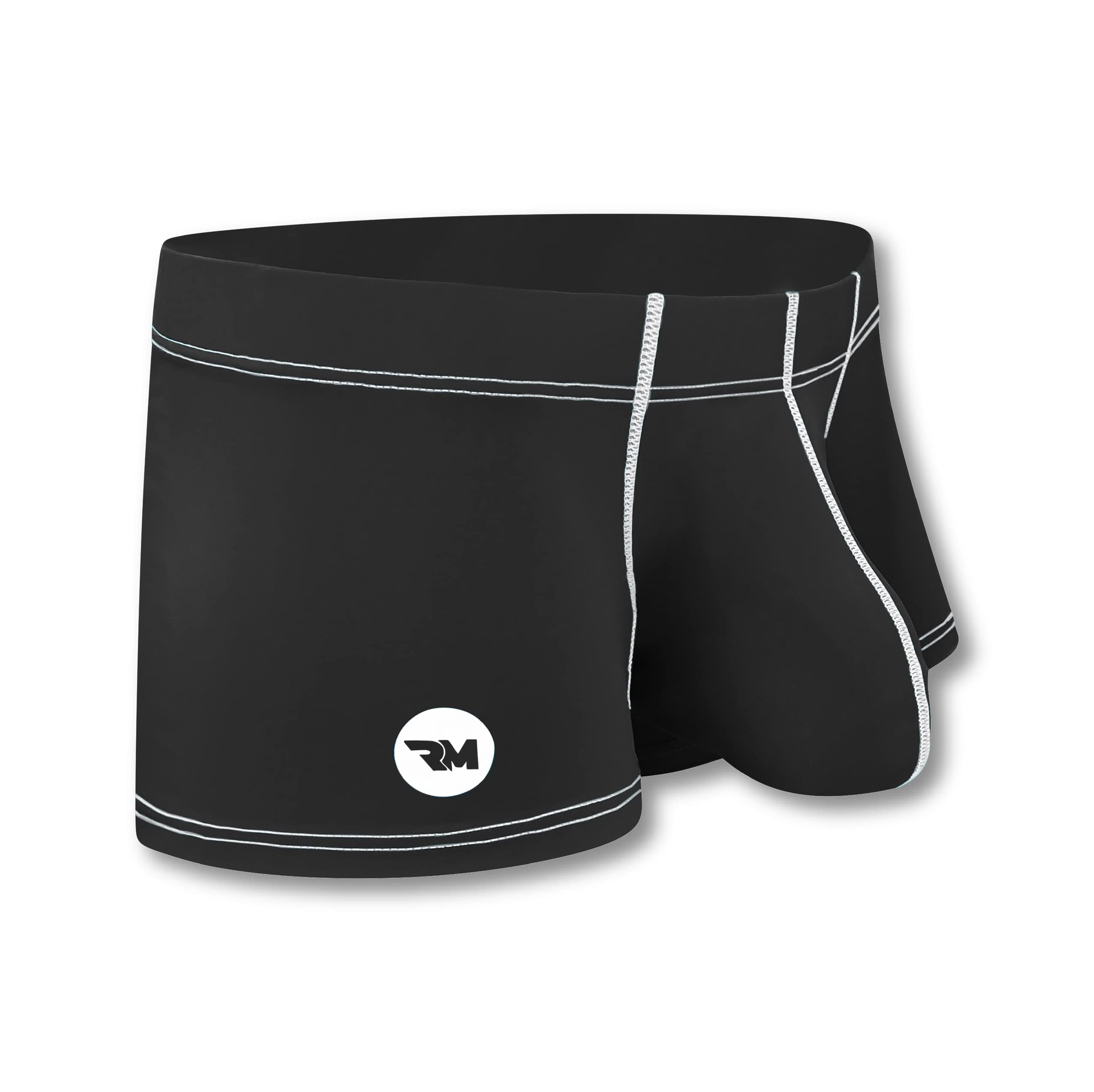 RM Real Men Bulge Enhancing Underwear - 1 Pack 3in Inseam - Mens Underwear Pouch Boxer Brief (Black w White Stitch) 2XL