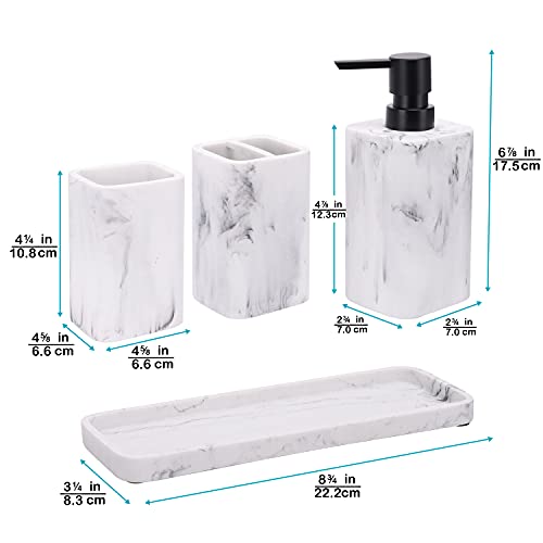 ZCCZ Bathroom Accessory Sets, 4 Pieces Bathroom Accessories Complete Set Vanity Countertop Accessory Set with Marble Look, Includes Lotion Dispenser Soap Pump, Tumbler, Toothbrush Holder and Tray