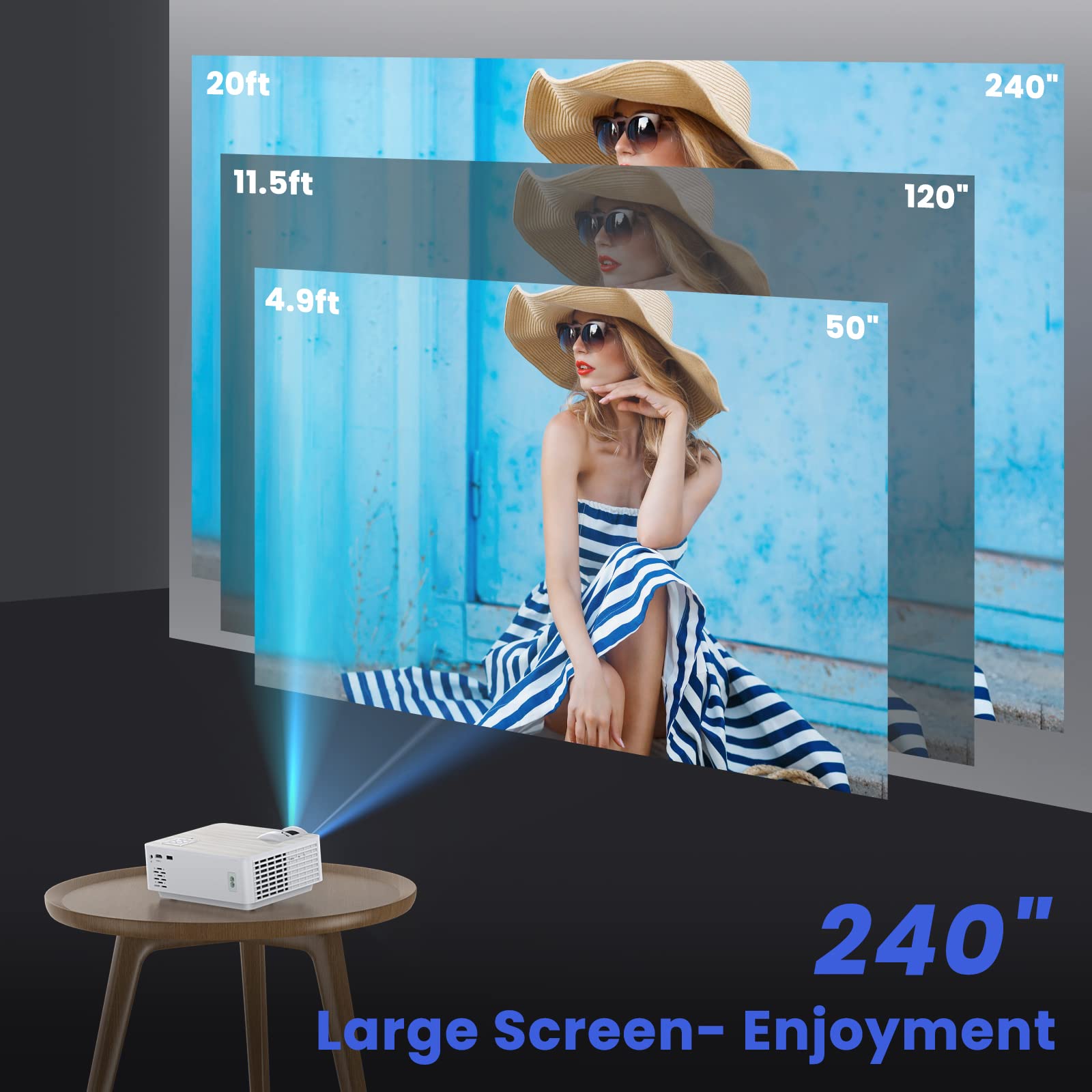 Projector, Outdoor Movie Projector with Screen, Full HD 1080P and 240" Supported, Portable Projector Compatible with Phone, SD Card, Fire Stick, PS5(100โ Projector Screen Included)