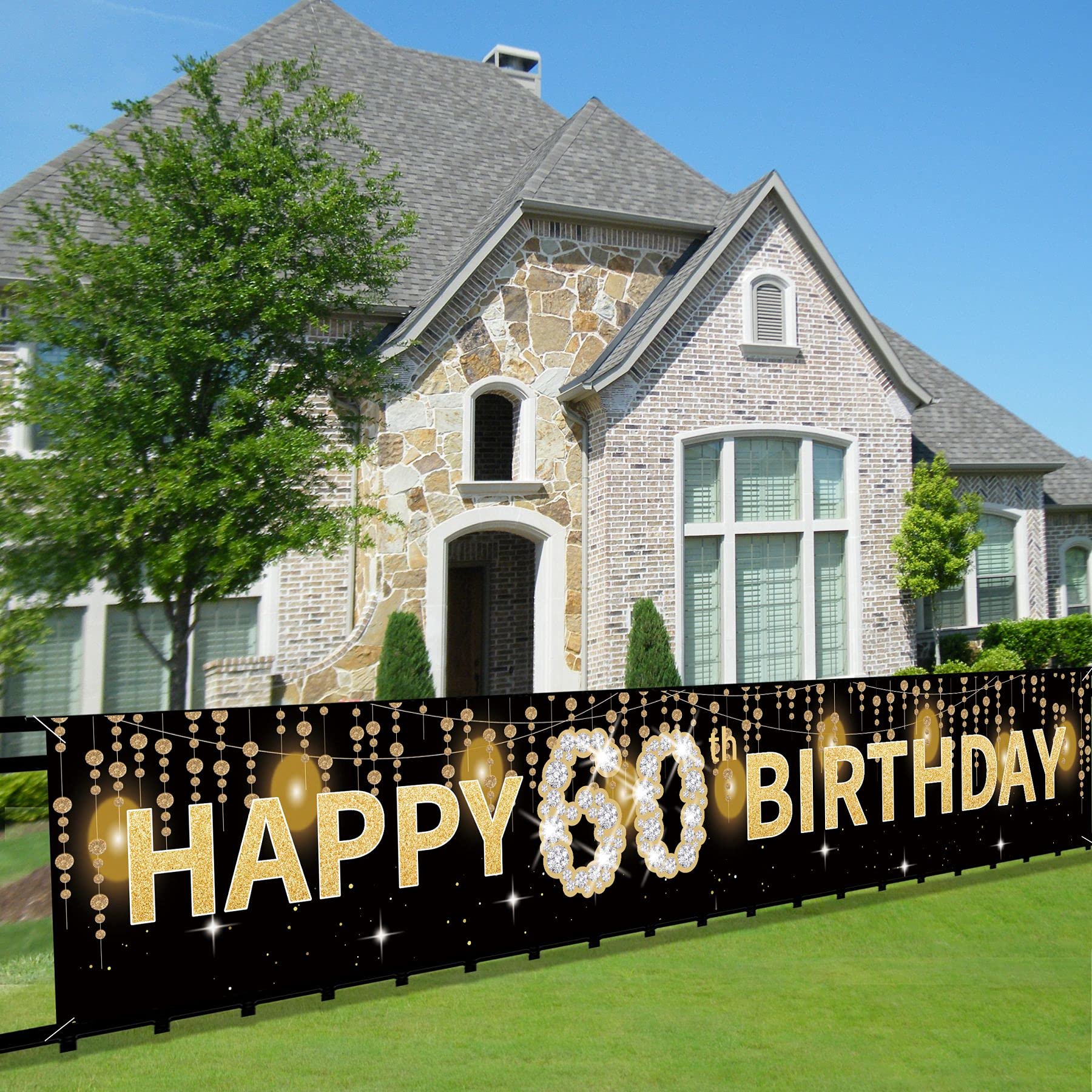 Joyiou Happy 60th Birthday Banner Decorations for Men Women, Gold 60 Year Old Birthday Party Décor Supplies, Happy Sixty Birthday Sign for Outdoor Indoor(9.8x1.6ft)