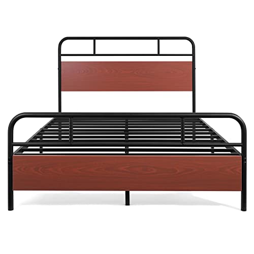 CAPHAUS Round Corner Metal Bed Frame with Modern Wood Headboard and Footboard, Mattress Foundation, Metal Platform Bed with Premium Steel Frame, Noise-Free, No Box Spring Needed, Full Size, Walnut