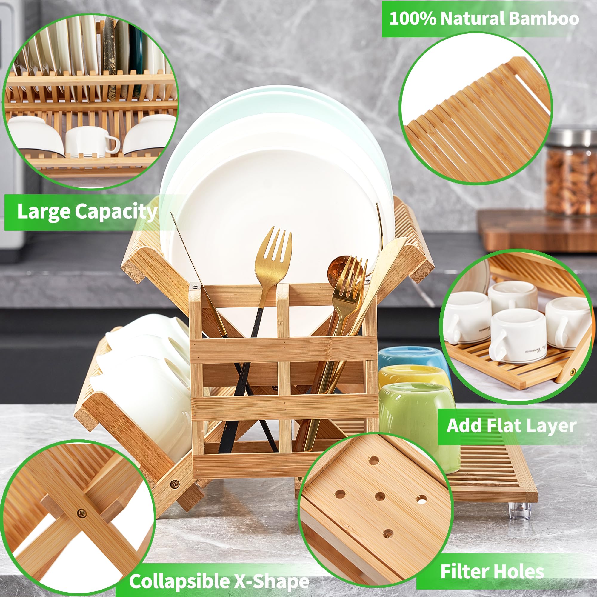 NOVAYEAH Bamboo Dish Drying Rack with Utensil Holder, Collapsible Wooden Dish Drainer Rack, 3-Tier Large Folding Drying Holder for Kitchen Counter