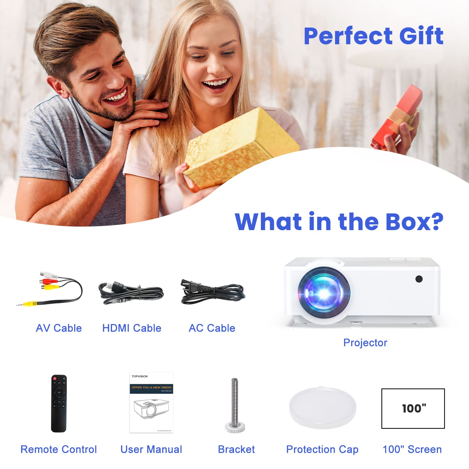 Projector, Outdoor Movie Projector with Screen, Full HD 1080P and 240" Supported, Portable Projector Compatible with Phone, SD Card, Fire Stick, PS5(100โ Projector Screen Included)
