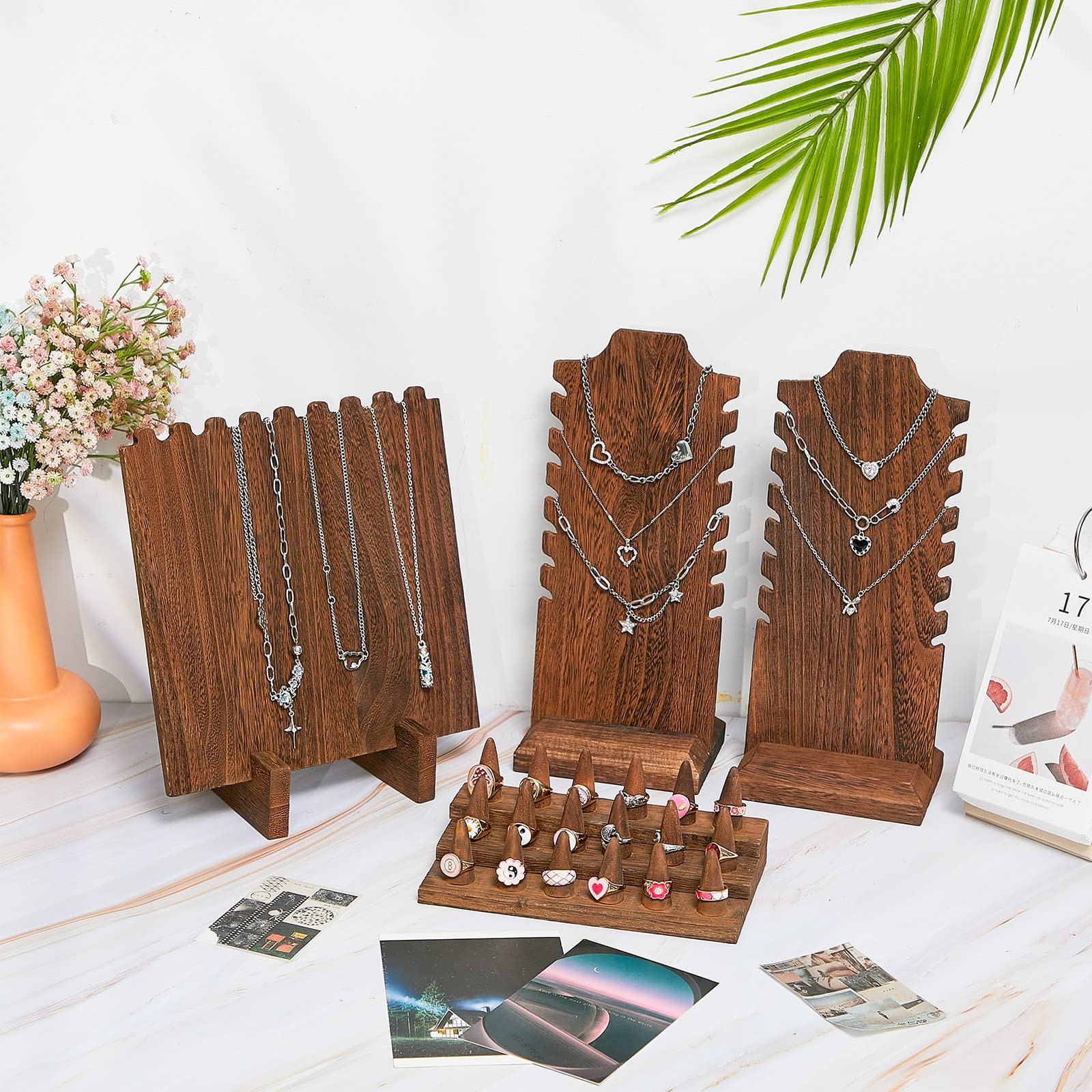 Jerify 4 Pieces Wood Necklace Display Holder Wood Plank Necklace Jewelry Display Ring Display for Selling Necklace Holder Stand Finger Ring Display for Jewelry Showcase Storage Home Display