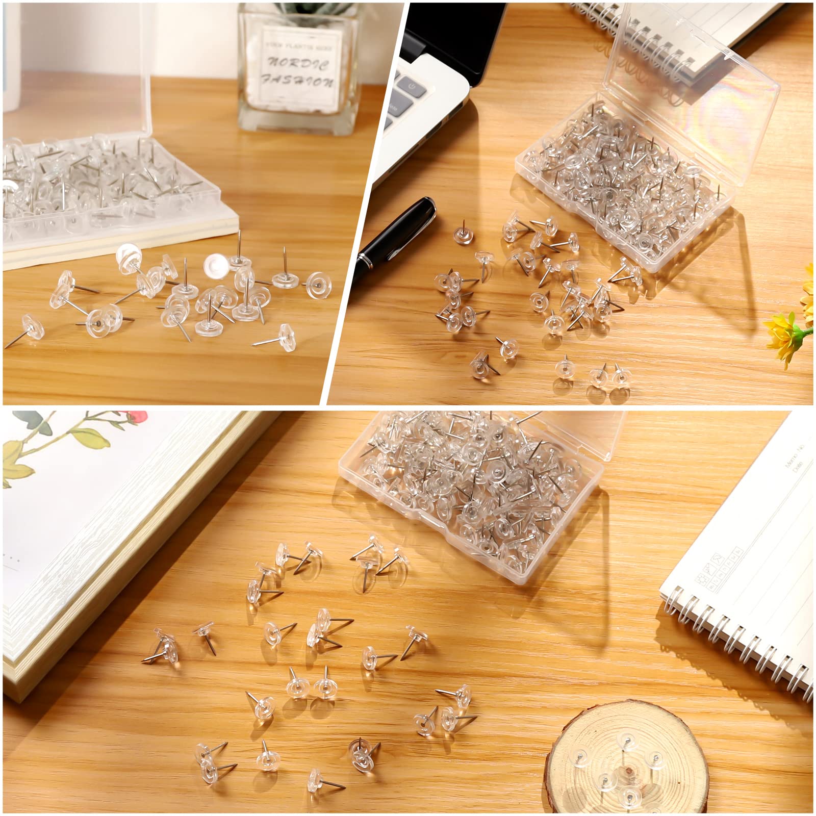 JIMSUMM 150 PCS Push Pins, Standard Plastic Head Steel Point Clear Thumb Tacks for Wall, Clear Plastic Round Head for Bulletin Boards, Fabric Markers, Crafts and Office Organization (Clear)