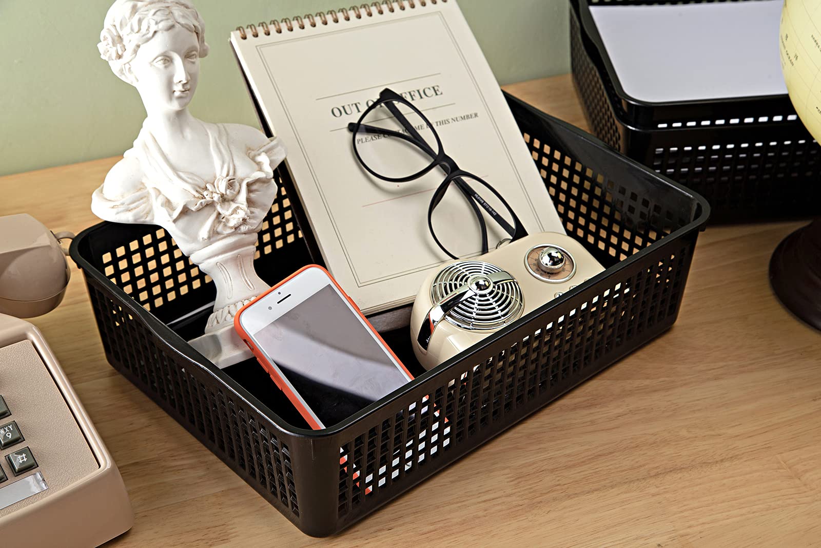Eslite A4 Size Plastic Storage Basket,Desktop File Paper Letter Organizer Tray, 6-Packs (Black)