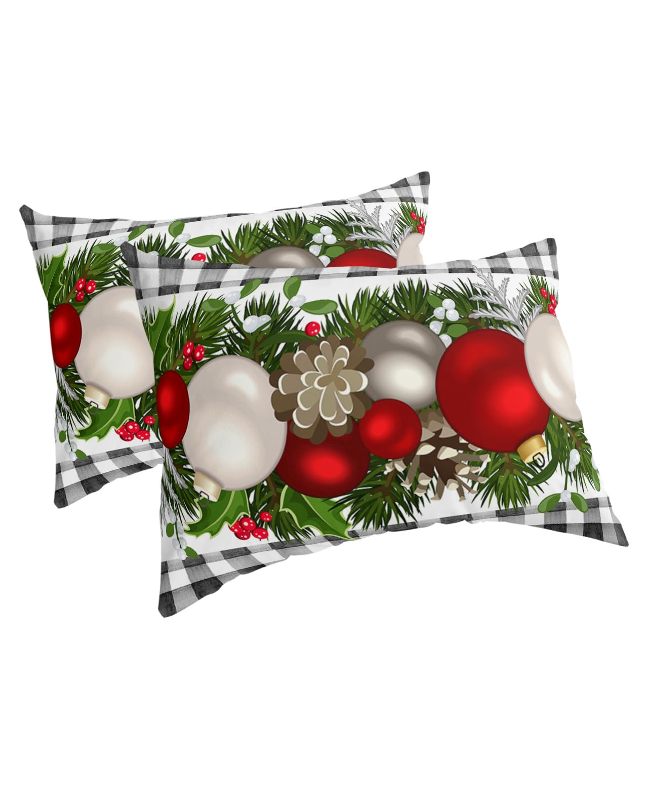 Hokiten Standard Size Pillow Cases Set of 2 - Christmas Balls, Microfiber Soft Pillowcases with Envelop Closure, Black White Buffalo Pine Cones Berries Lumbar Pillow Cover for Sofa/Couch, 20x26 Inches