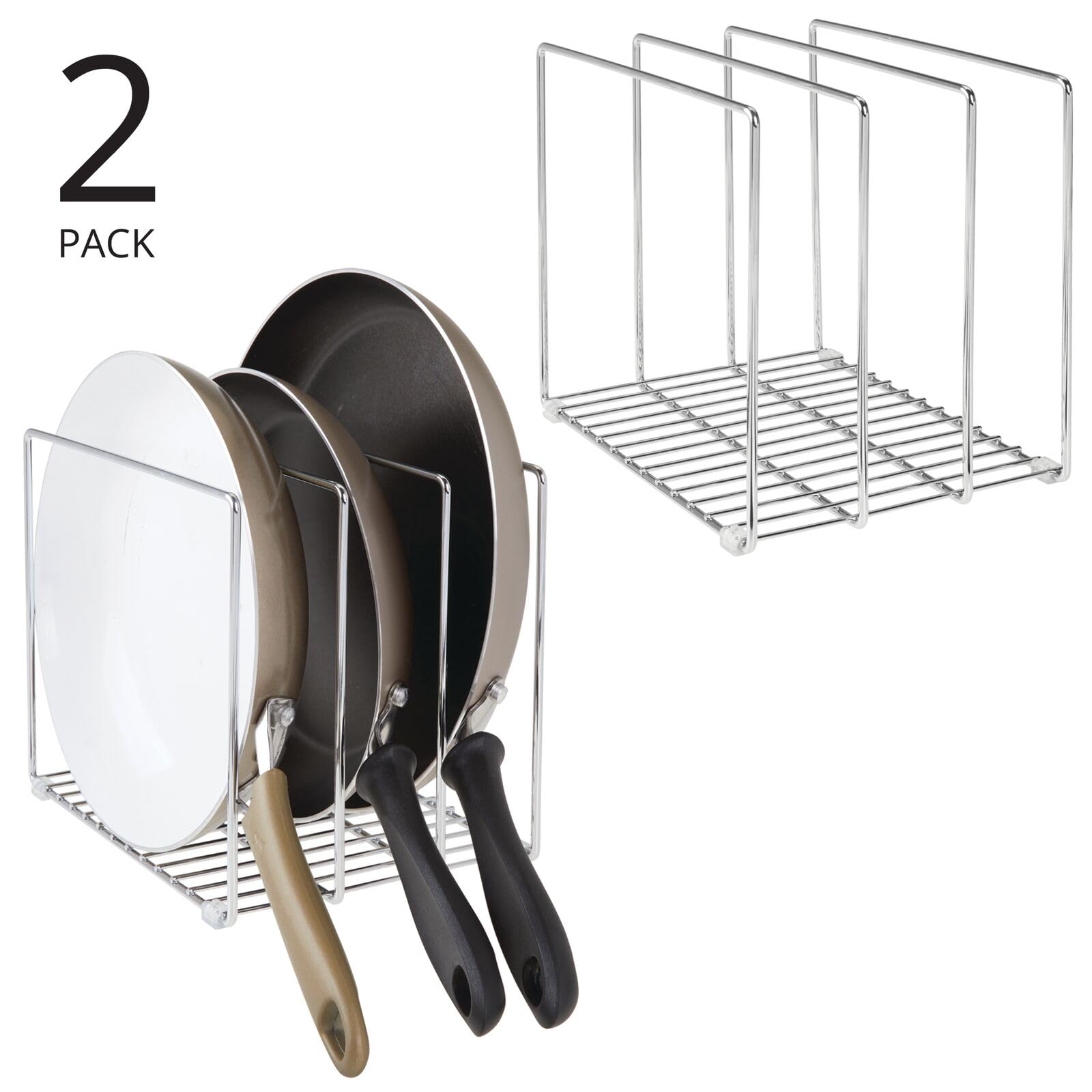 mDesign Metal Wire Organizer Rack for Kitchen Cabinet, Pantry, Shelves - Organizer Holder, 3 Slots for Skillets, Frying Pans, Lids, Cutting Boards, Vertical or Horizontal Placement, 2 Pack - Chrome