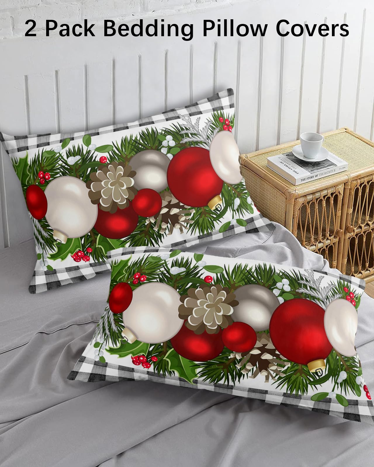 Hokiten Standard Size Pillow Cases Set of 2 - Christmas Balls, Microfiber Soft Pillowcases with Envelop Closure, Black White Buffalo Pine Cones Berries Lumbar Pillow Cover for Sofa/Couch, 20x26 Inches