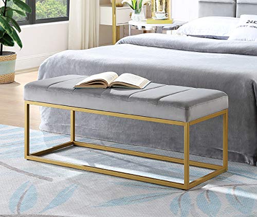 24KF Gray Velvet Upholstered Tufted Channel Bench, Velvet Cushion with Golden Metal Frame -Gray/Golden