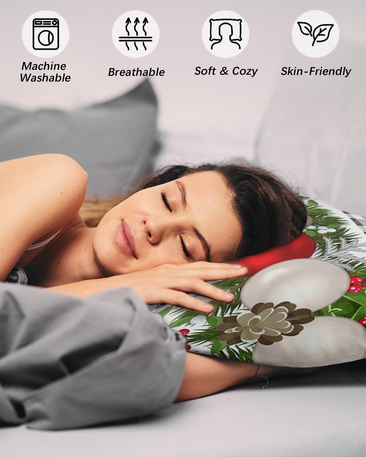 Hokiten Standard Size Pillow Cases Set of 2 - Christmas Balls, Microfiber Soft Pillowcases with Envelop Closure, Black White Buffalo Pine Cones Berries Lumbar Pillow Cover for Sofa/Couch, 20x26 Inches