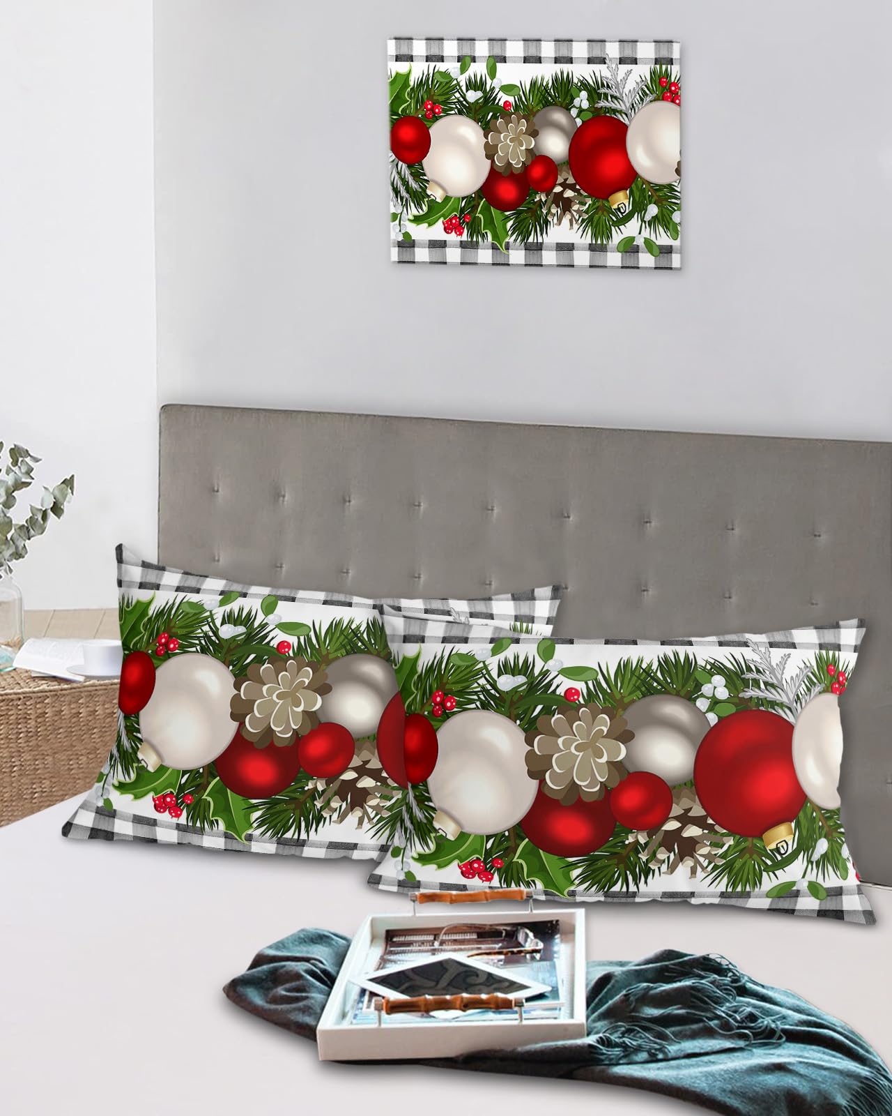 Hokiten Standard Size Pillow Cases Set of 2 - Christmas Balls, Microfiber Soft Pillowcases with Envelop Closure, Black White Buffalo Pine Cones Berries Lumbar Pillow Cover for Sofa/Couch, 20x26 Inches