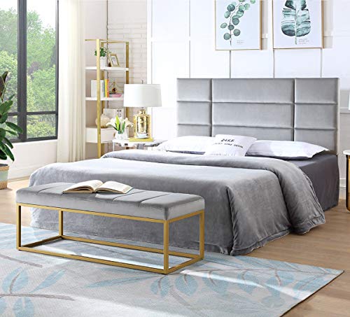 24KF Gray Velvet Upholstered Tufted Channel Bench, Velvet Cushion with Golden Metal Frame -Gray/Golden