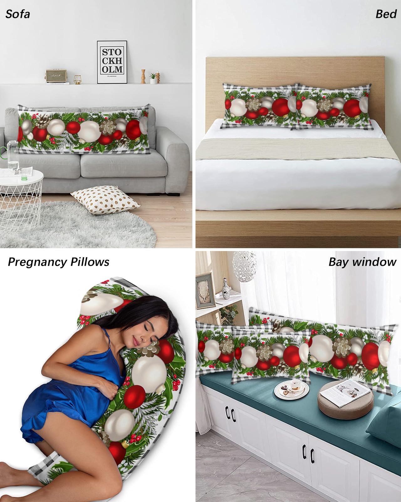 Hokiten Standard Size Pillow Cases Set of 2 - Christmas Balls, Microfiber Soft Pillowcases with Envelop Closure, Black White Buffalo Pine Cones Berries Lumbar Pillow Cover for Sofa/Couch, 20x26 Inches