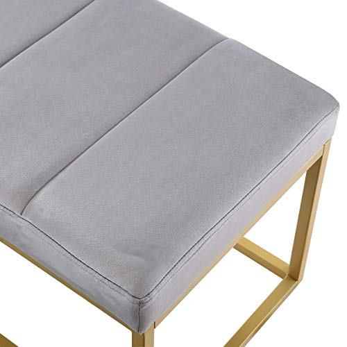 24KF Gray Velvet Upholstered Tufted Channel Bench, Velvet Cushion with Golden Metal Frame -Gray/Golden