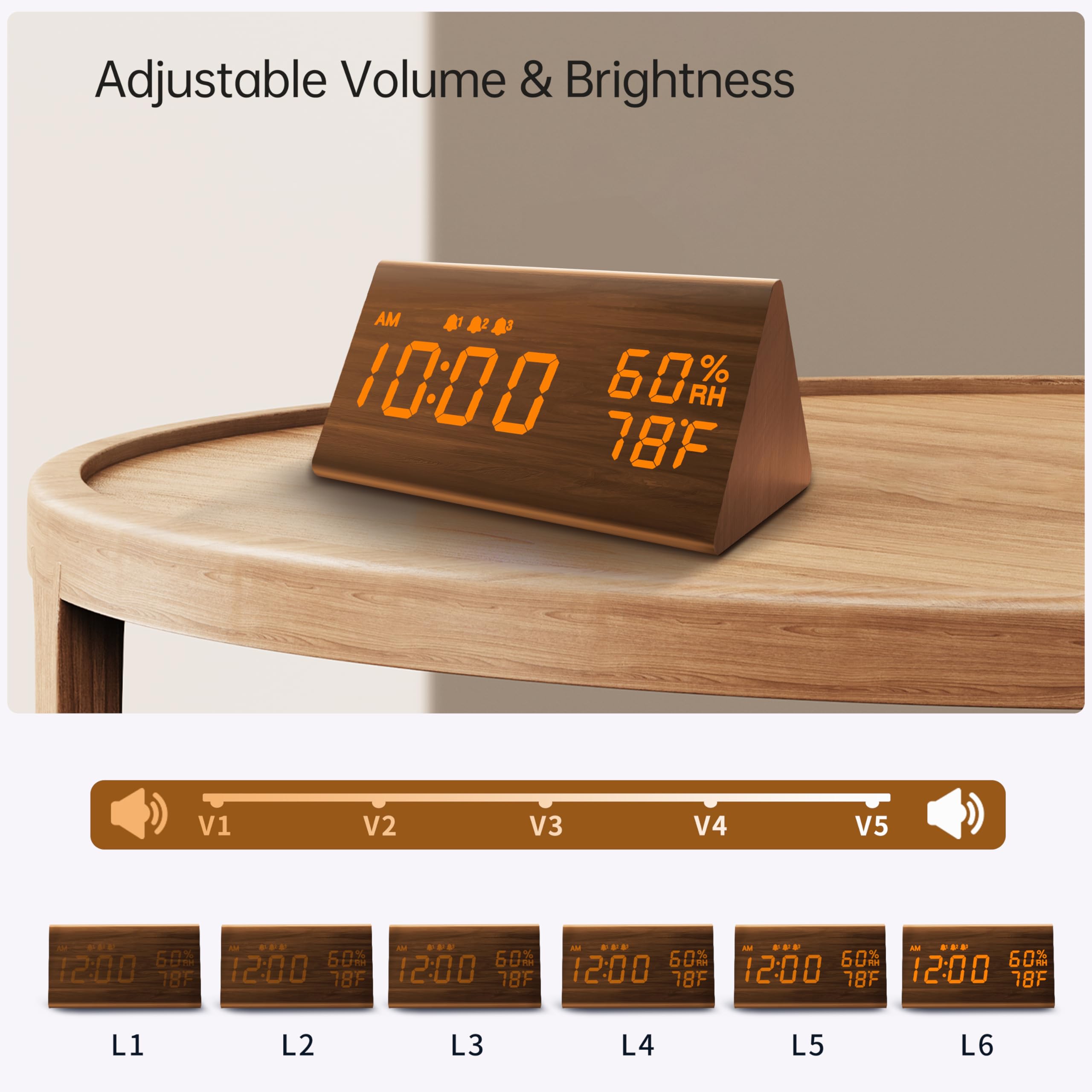 JALL Digital Alarm Clock, with Wooden Electronic LED Time Display, 3 Alarm Settings, Humidity & Temperature Detect, Wood Made Electric Clocks for Bedroom, Bedside (Brown)