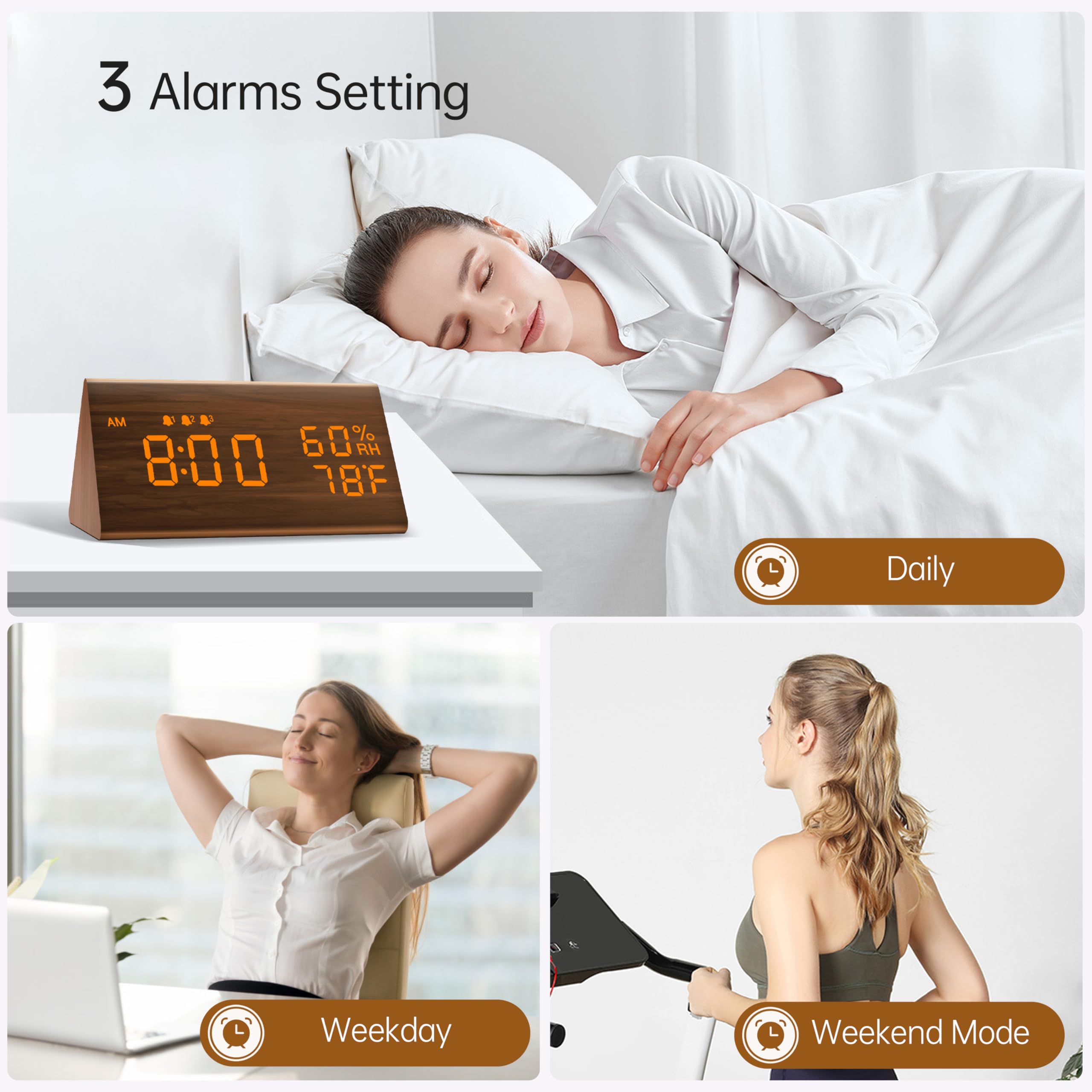 JALL Digital Alarm Clock, with Wooden Electronic LED Time Display, 3 Alarm Settings, Humidity & Temperature Detect, Wood Made Electric Clocks for Bedroom, Bedside (Brown)