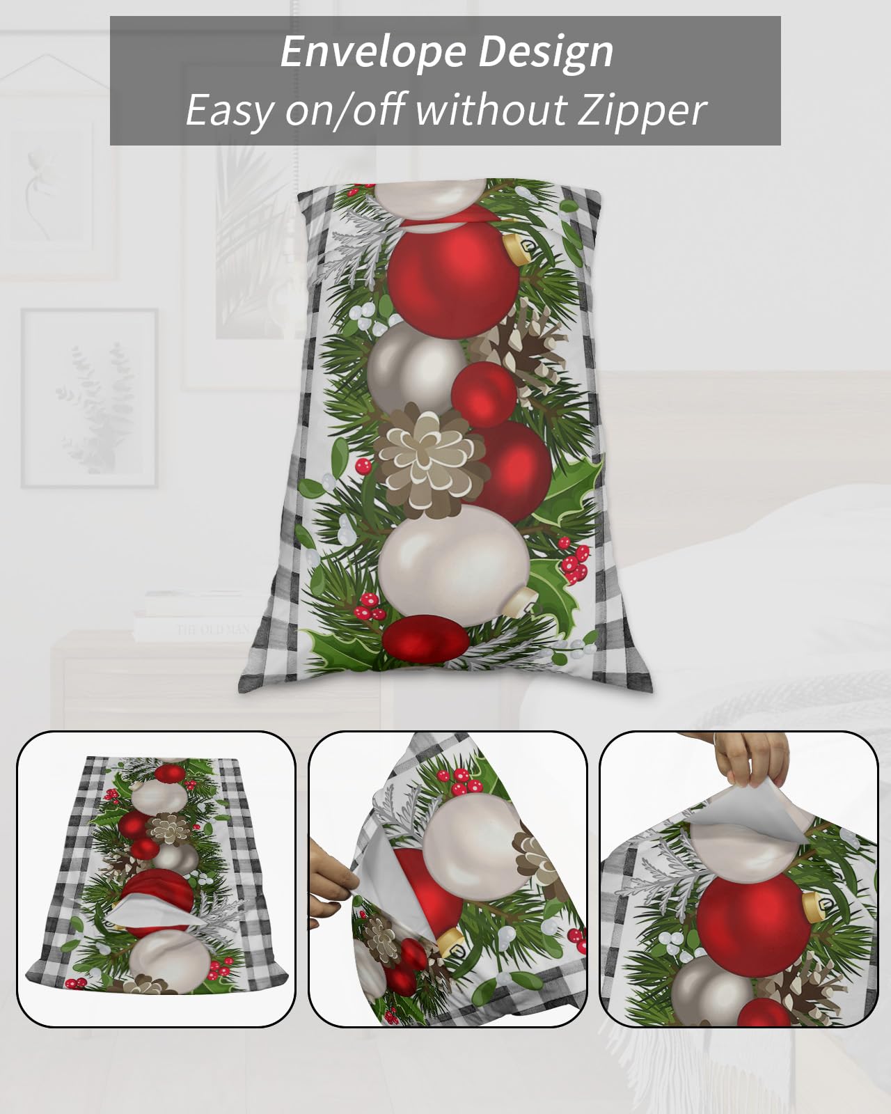 Hokiten Standard Size Pillow Cases Set of 2 - Christmas Balls, Microfiber Soft Pillowcases with Envelop Closure, Black White Buffalo Pine Cones Berries Lumbar Pillow Cover for Sofa/Couch, 20x26 Inches