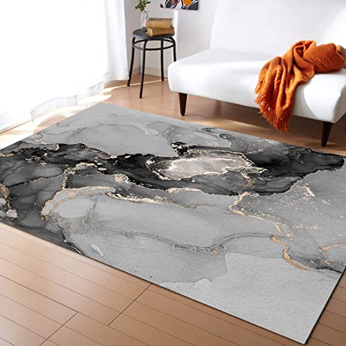 Light Luxury Black Gold Marble Area Rug, Grey Background Golden Moire Pattern Throw Rugs, Easy-Cleaning Anti Slip Carpet for Indoor Living Room Bedroom Apartment Decor Rug - 5 ft x 7 ft