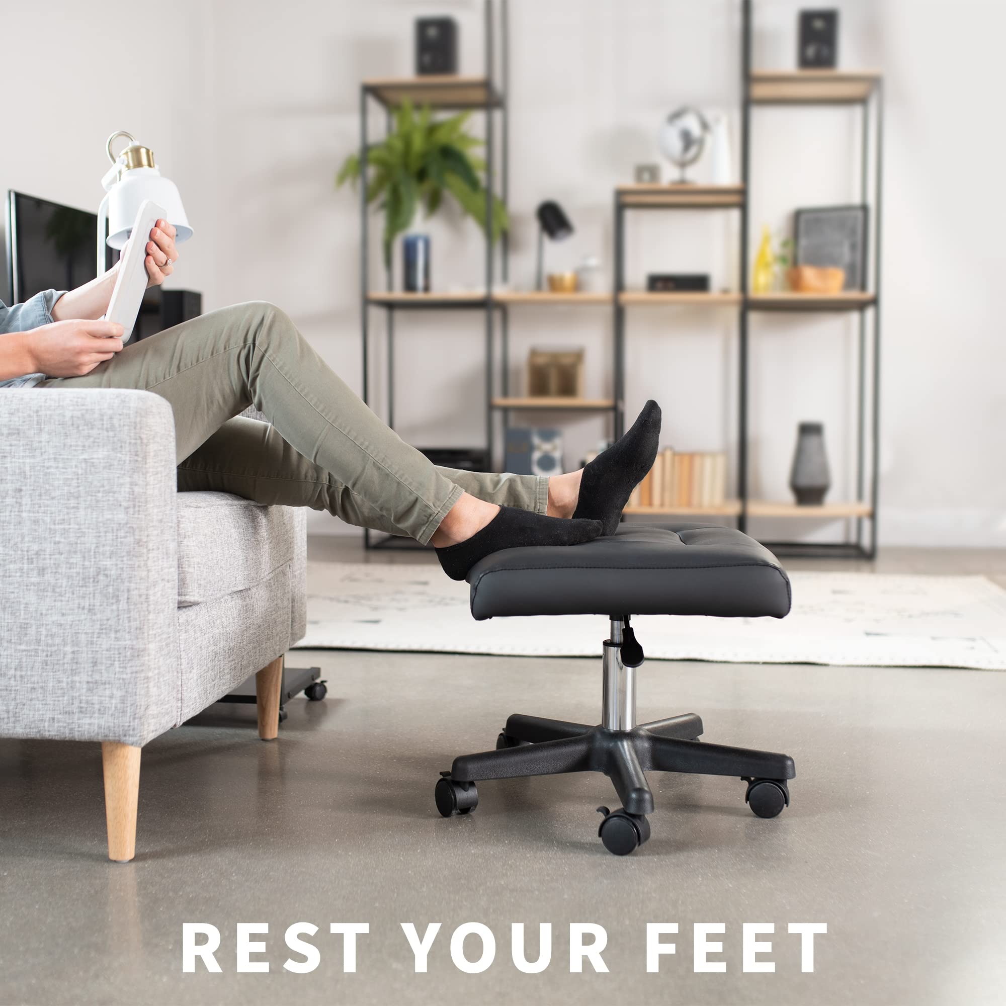 VIVO Mobile Footrest with Wheels, Ergonomic Rolling Ottoman Leg Rest for Work Comfort, Height Adjustable Computer Desk Stool with Thick Padding, Office Seat, Black, CHAIR-S04F
