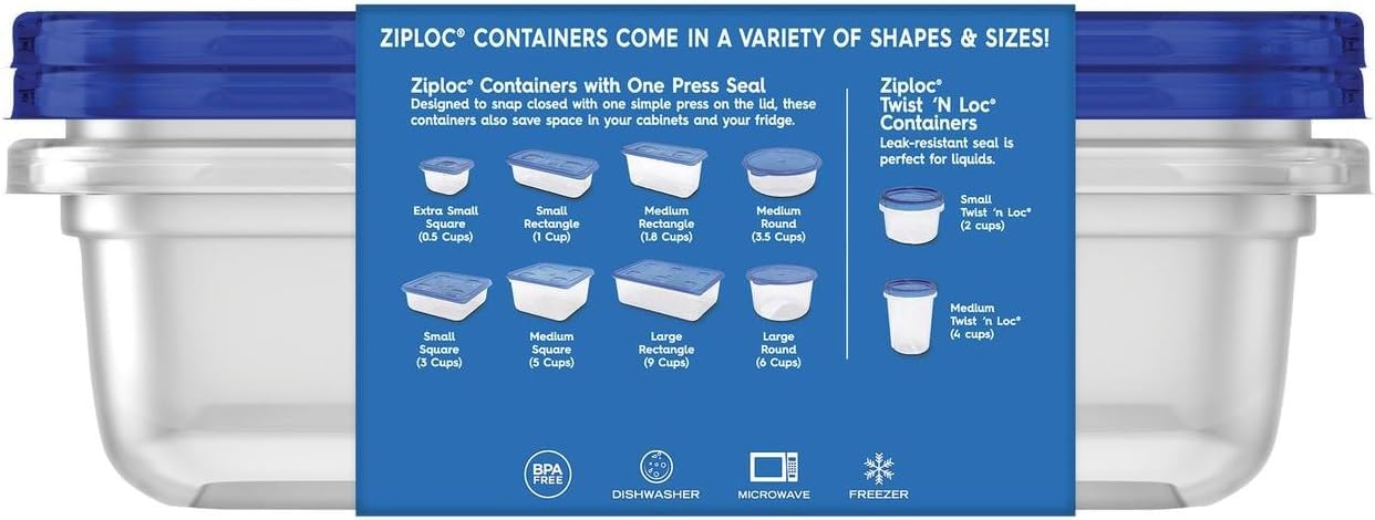 Ziploc Storage Containers Large Rectangle 2 Pack One Press Seal 2.25 QUART