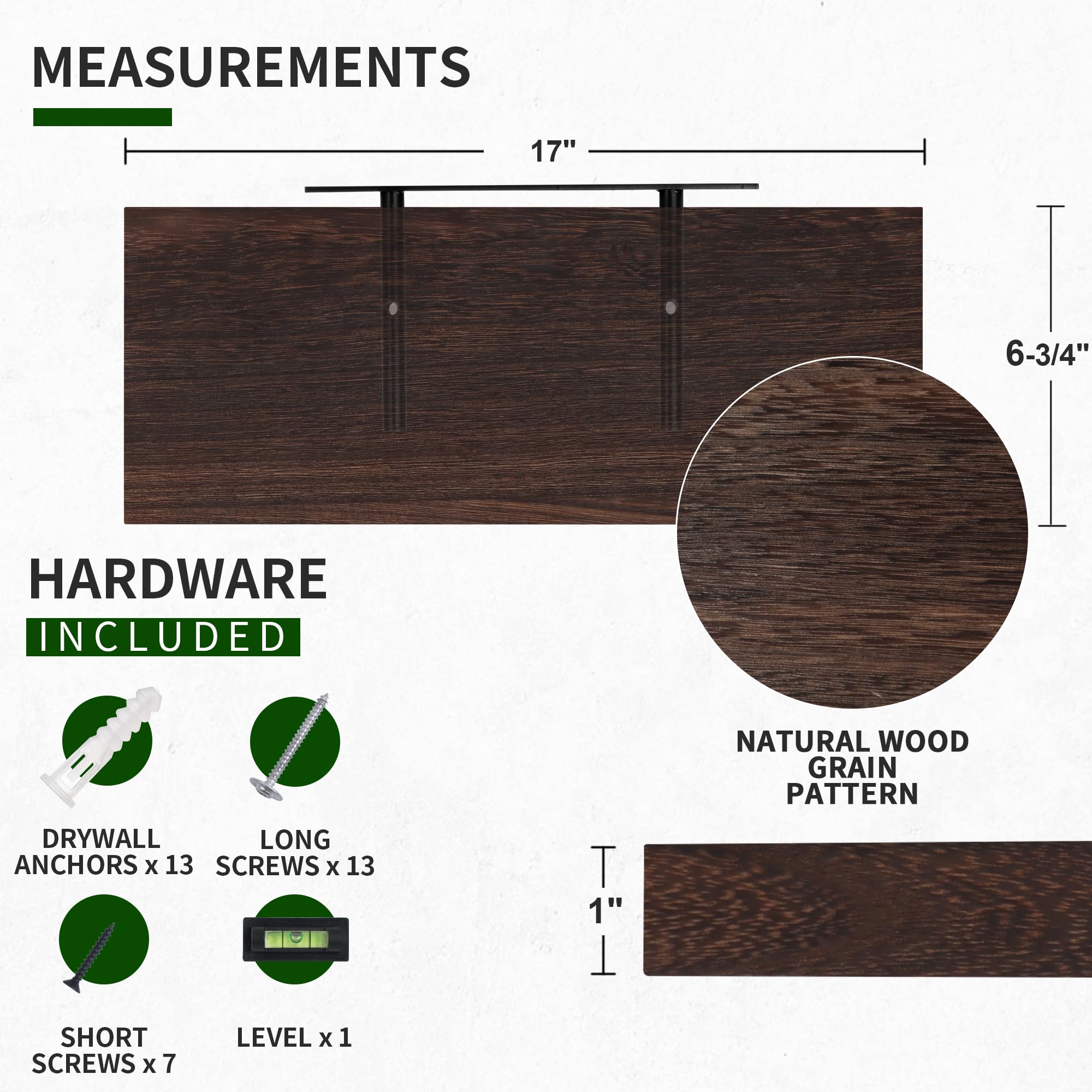 Marsmiles Wood Floating Shelves for Wall Set of 3, 17 Inch Wide Rustic Wooden Floating Shelves, Invisible Wall Mounted Display for Living Room Bedroom Kitchen Bathroom Office, Rustic Brown