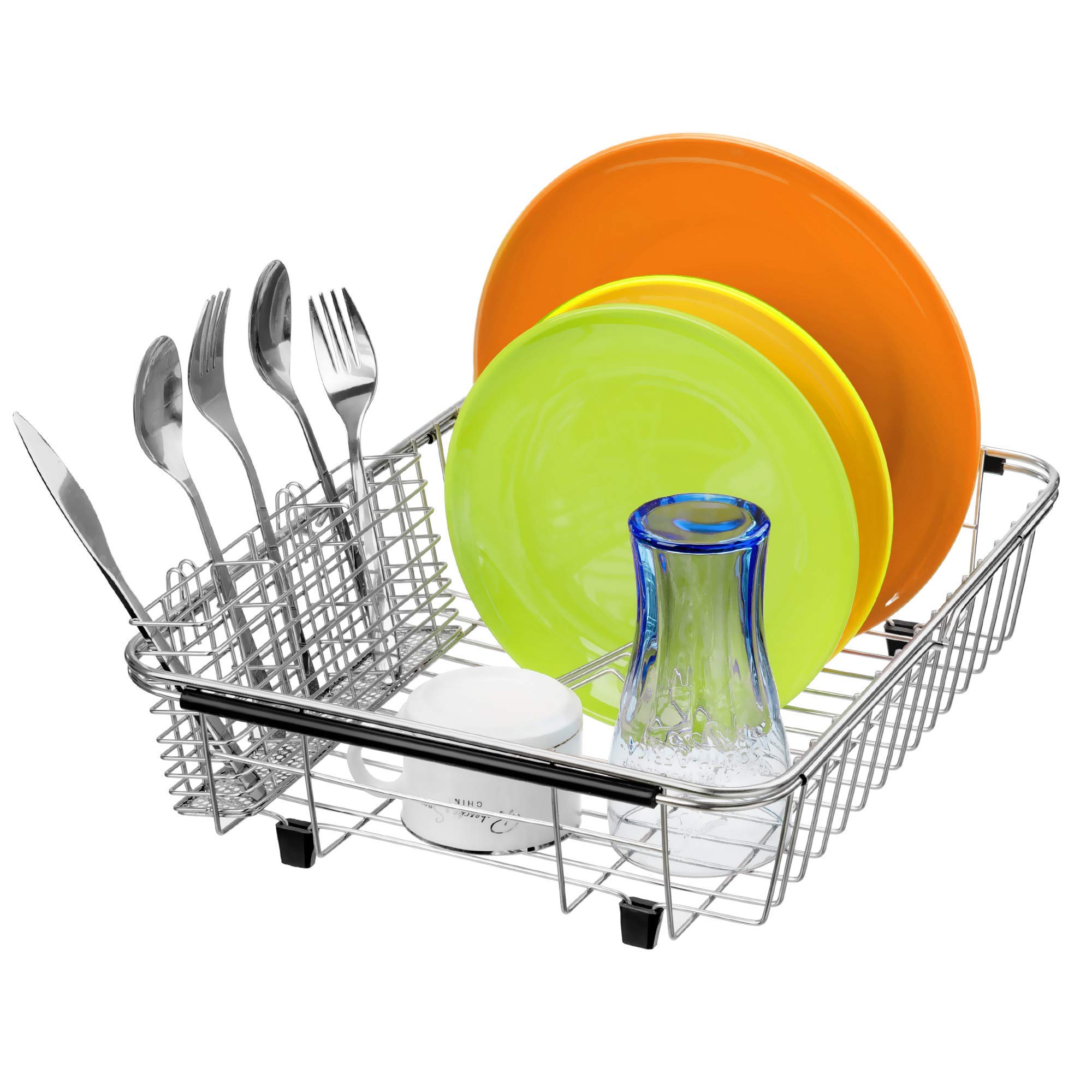 Slideep Expandable Dish Drying Rack, 202 Stainless Steel Over The Sink Dish Rack, in Sink or On Counter Dish Drainer with Steel Removable Utensil Holder