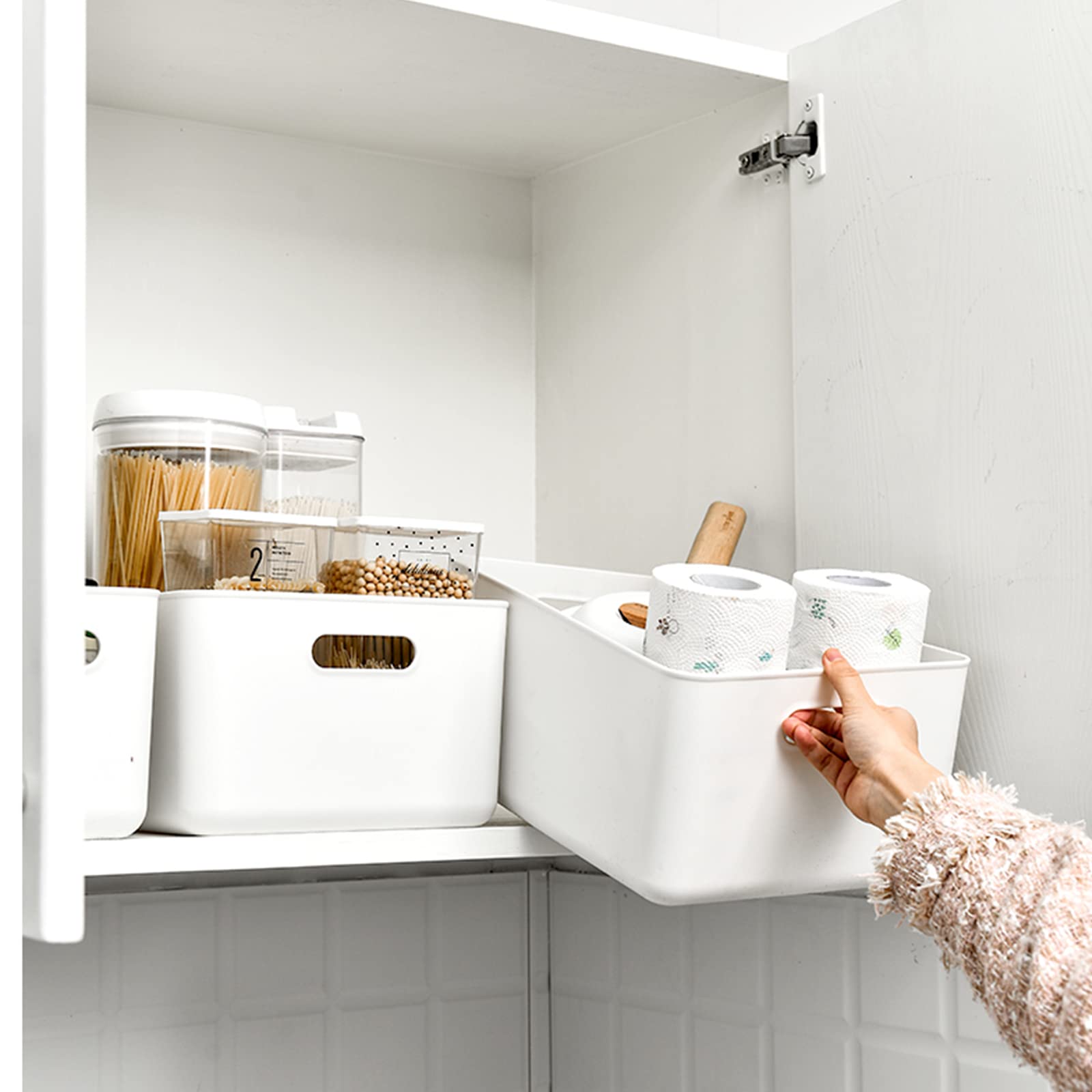 ZOAJU Plastic Basket Set, Pack of 6 Storage Basket Pantry Bins Kitchen Spice Rack Organizer for Shelves Drawers Pantry Closet Classroom Bathroom 12 In x 7.9 In x 4.7 In , White