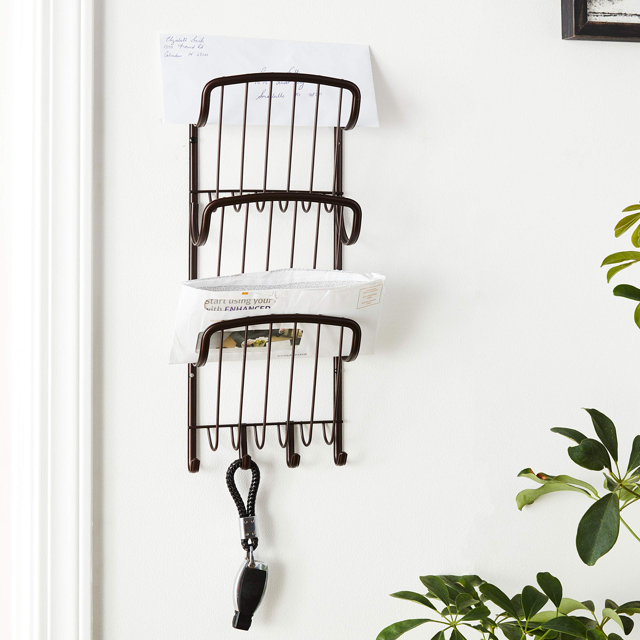 Spectrum Diversified Ashley 3-Tier Letter Holder & Key Rack Triple Wall Mount Hooks, Mail Holder for Home & Office Organization, Bronze