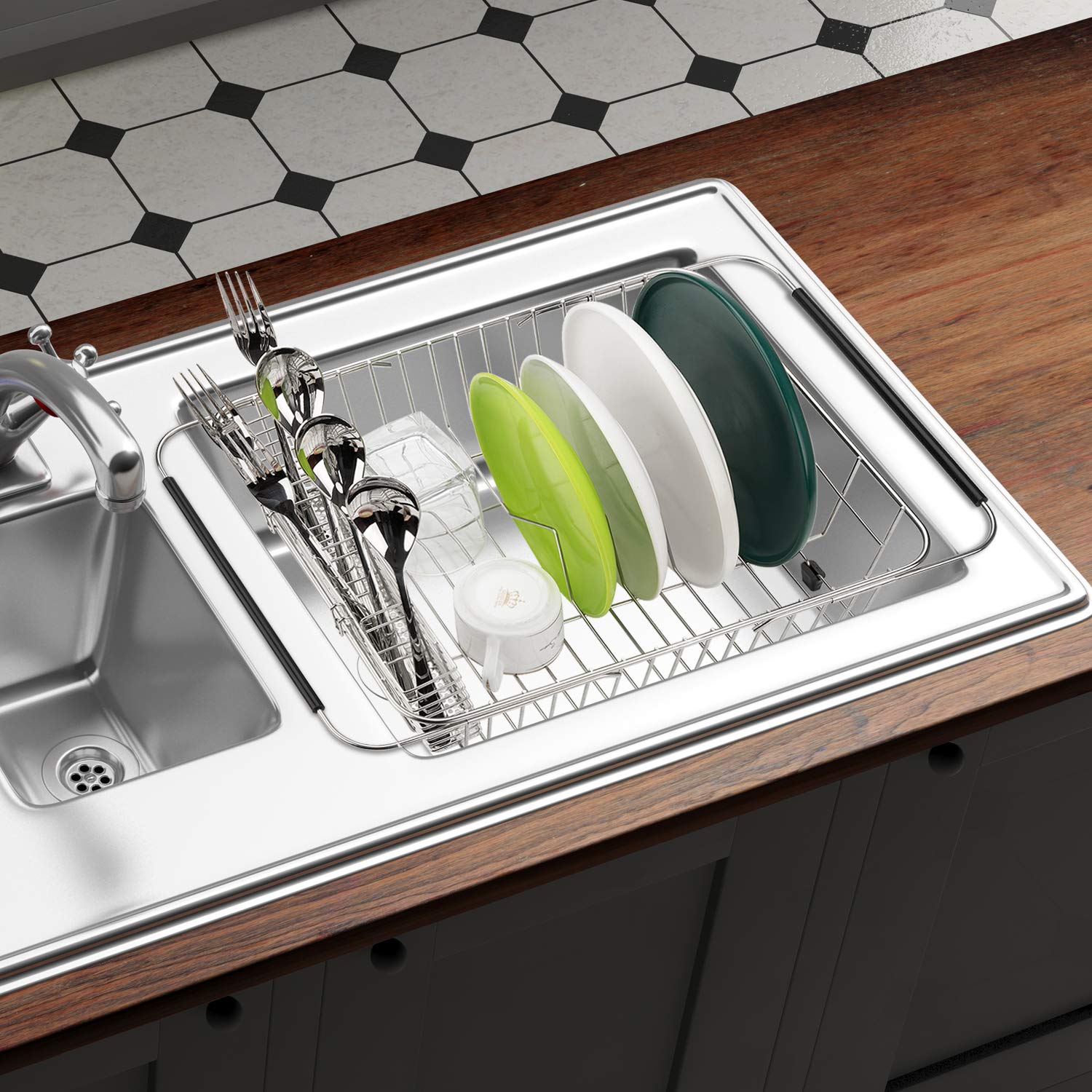 Slideep Expandable Dish Drying Rack, 202 Stainless Steel Over The Sink Dish Rack, in Sink or On Counter Dish Drainer with Steel Removable Utensil Holder