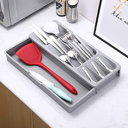 CEGAR Expandable Drawer Organizer, Premium Cutlery and Utensil Tray, Plastic Adjustable Kitchen Drawer Divider for Silverware Knife (grey)