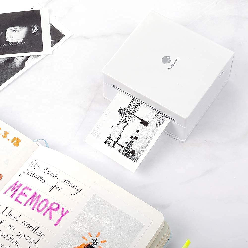 Phomemo M02 Pocket Printer- Mini Bluetooth Thermal Printer with 3 Rolls White Sticker Paper, Compatible with iOS + Android for Learning Assistance, Study Notes, Journal, Fun, Work,White