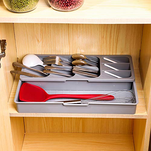 CEGAR Expandable Drawer Organizer, Premium Cutlery and Utensil Tray, Plastic Adjustable Kitchen Drawer Divider for Silverware Knife (grey)