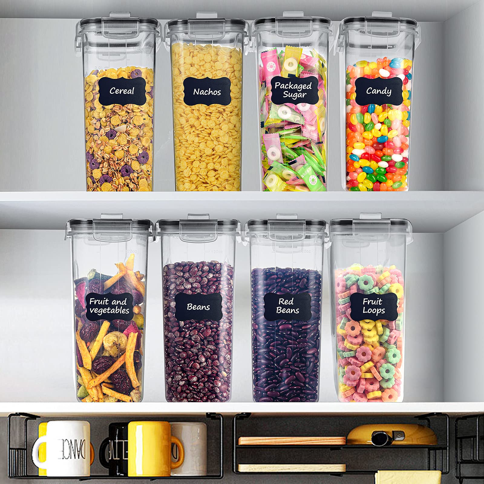 Tiawudi 4 Pk Cereal Containers Storage Set 135.2oz/4L Each, Airtight Food Storage Containers, Large Cereal Dispenser, Kitchen Pantry Organization Containers, with Labels and Measuring Spoons