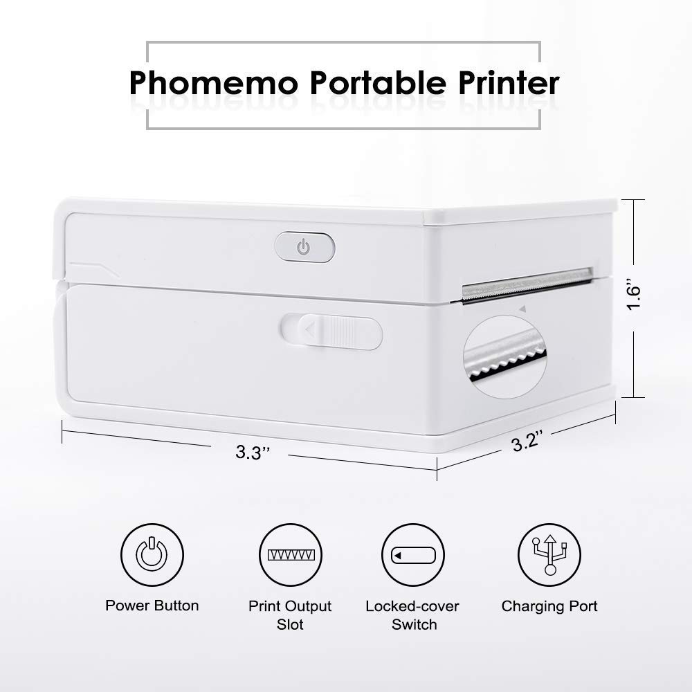 Phomemo M02 Pocket Printer- Mini Bluetooth Thermal Printer with 3 Rolls White Sticker Paper, Compatible with iOS + Android for Learning Assistance, Study Notes, Journal, Fun, Work,White